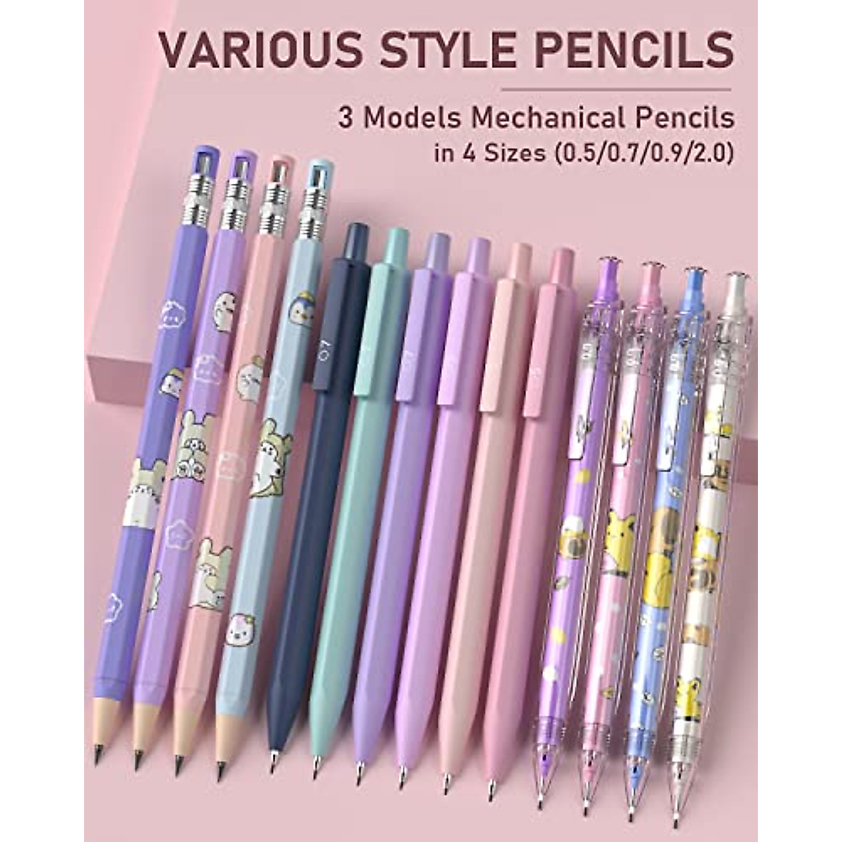 Nicpro 47PCS Aesthetic School Supplies in Big Capacity Pen Case, Cute Pastel Mechanical Pencils 0.5, 0.7, 0.9 & 2mm Lead Holder with 25 Tube Lead Refills 4B 2B HB 2H Color, Erasers for Student Writing