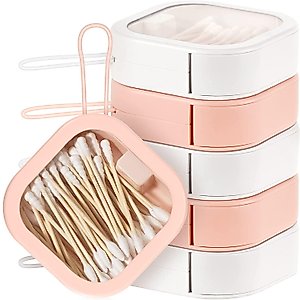 GAGAMOTEYA 6 Pcs Hair Tie Organizer,Qtip Dispenser Bathroom Storage Organizer with Press Buckle Button Switch,Cotton Swab Holder Portable Travel,Hair Accessory Box with Lid for Bathroom(Pink+White)