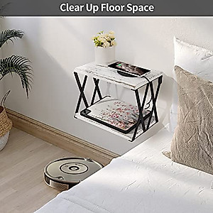 Sapowerntus Floating Nightstand Shelves Wall Mounted, 2 Tier Bedside Table for Bedroom, Rustic White Wood Basket Box Shelf with X Mental Bracket, Small Storage Decor in Bathroom Living Room