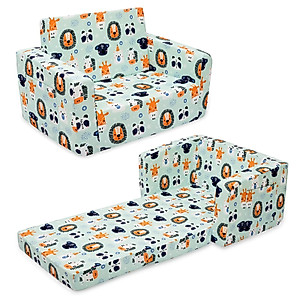 Pipoobear Kids Sofa, Comfy 2-in-1 Toddler Couch Fold Out, Convertible Sofa to Toddler Lounge Chair for Boys and Girls (Animal, Green)
