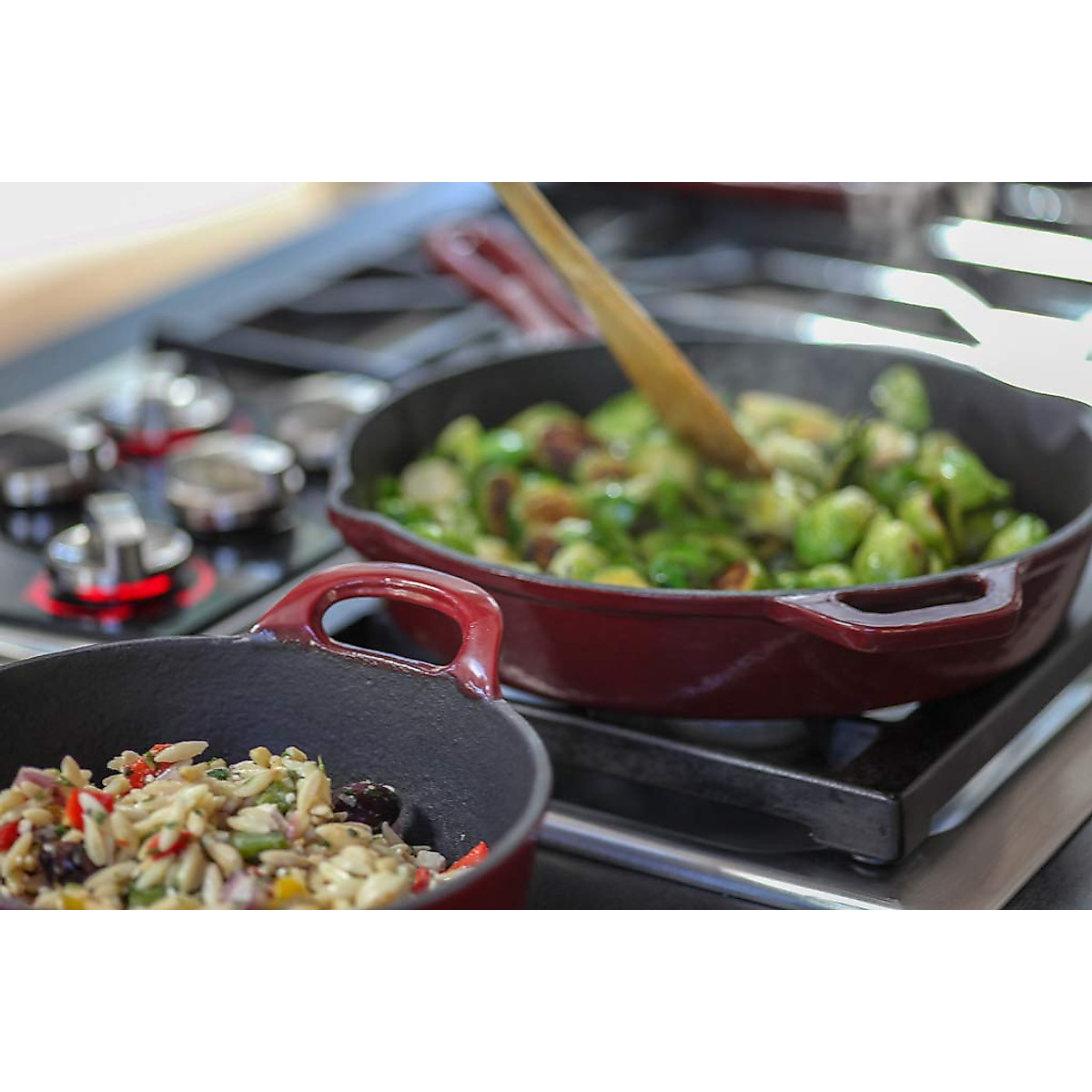 Hell's Kitchen Pre-seasoned Cast Iron Skillet – Oven Safe - Pour Spouts and Helper Handle, 10.5", Red