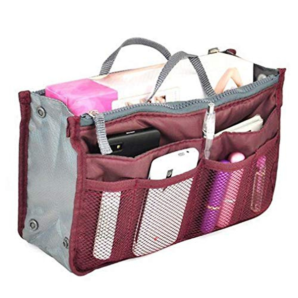 Travel Insert Handbag Organiser Purse Nylon Handbag Insert Comestic Gadget Large Liner Organizer Tidy Bag Wine Red for Women by TheBigThumb