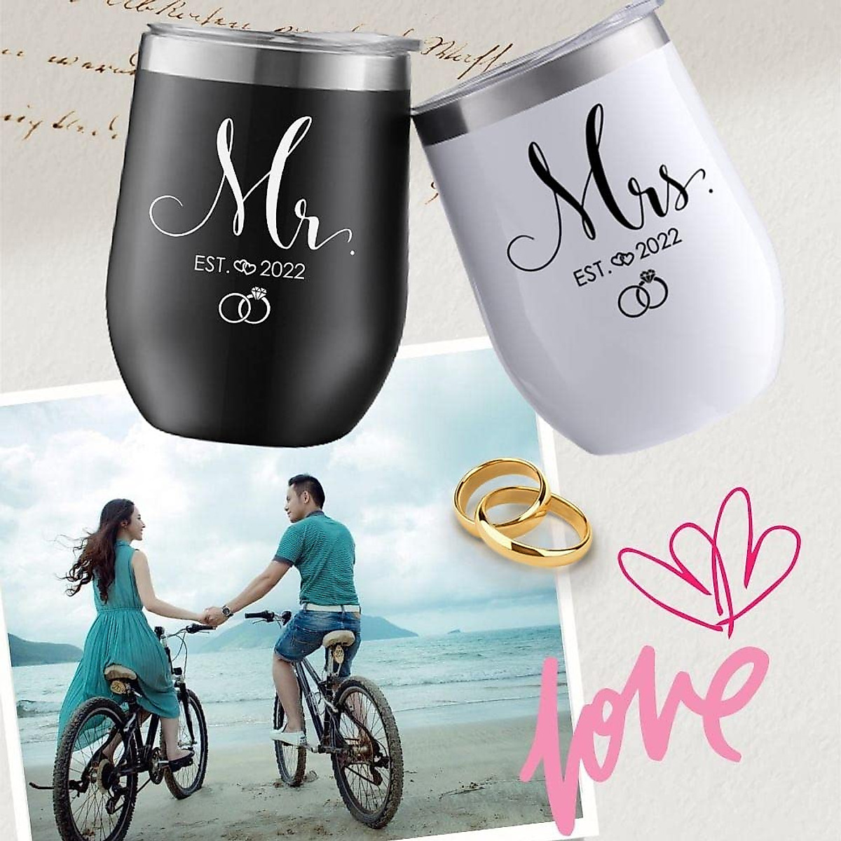 Sparkle Moment Mr and Mrs Est 2022 Wedding Gift Set -12 oz Stainless Steel Wine Tumbler/Cup/Mug/ Bridal Shower/Bride to be/Engagement/Bachelorette Party for Newlyweds Couples (12 oz, Black & White)