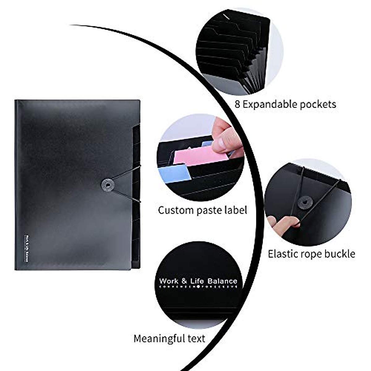 Uquelic 8 Pockets Expanding File Folder - Plastic Black Accordion Document Storage Organiser A4 Letter Size Expandable File Jacket Filing Wallets with Label (Black)