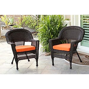 Jeco Wicker Chair with Orange Cushion, Set of 2, Espresso