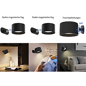 Raiseking LED Rechargeable Wall Sconce, Wall Mounted Lamp with 2000mAh Battery Operated USB Port 360°Rotate Magnetic Ball, Cordless Wall Light for Reading Study Bedside (Black-Touch Control)