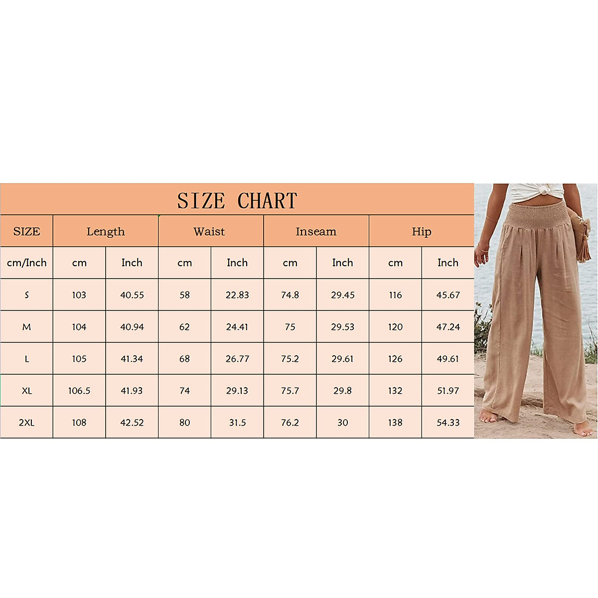 Women Linen Pants Elastic High Waist Wide Leg Palazzo Lounge Pants Casual Loose Beach Pants with Pockets (M, White)
