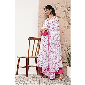 Janasya Indian Women's White Georgette Floral Printed Kurta with Flared Palazzo and Dupatta(J0451-KR-PP-ICH-XXL)