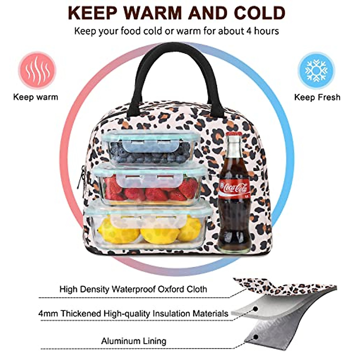 Ylebs Lunch Bag for Women Insulated Lunch Box Reusable Cooler Tote Bag for Work,Water-resistant Thermal(Leopard)