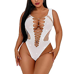 Avidlove White Rhinestone Bodysuit Sparkle Bodysuit Fishnet Lingerie for Women Sexy Mesh Body Suit Teddy Lingerie