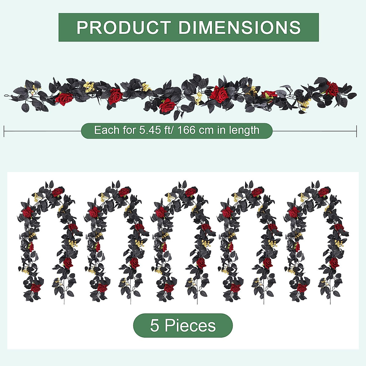 Zeyune 5 Pcs Halloween Artificial Black Rose Vine Fake Floral Wall Hanging Ornaments Dark Flower Floral Vines Decorative Black Rose Garland with Golden Berries and Black Leaves for Home Wedding Party