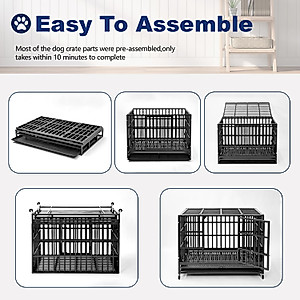 48 Inch Heavy Duty Indestructible Steel Dog Crate XXL Escape-Proof Double Door Pet Dog Cage with Lockable Wheel, New Upgraded Thickened Base Plate & Removable Tray,Black