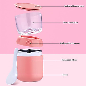 Pack of 3 Overnight Oats Containers with Lids and Spoon,430 ml + 330 ml 2-Tier Yogurt and Milk Cups,Leak-proof 2 in 1 Travel Cereal and Milk Container Cups for Fresh Meals Children Snack Pot (Pink,Blue,Green,3pcs)