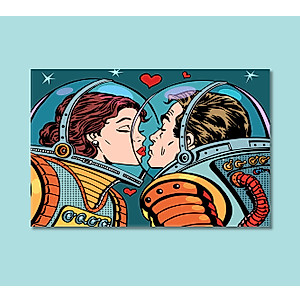 Astronauts Kiss in Space Canvas Print 3 Panels / 36x24 inches