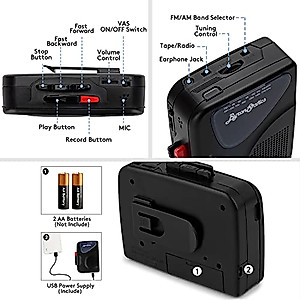 ByronStatics Portable Cassette Players Recorders FM AM Radio Walkman Tape Player Built In Mic External Speakers Manual Record VAS Automatic Stop System 2AA Battery Or USB Power Supply Headphone Black