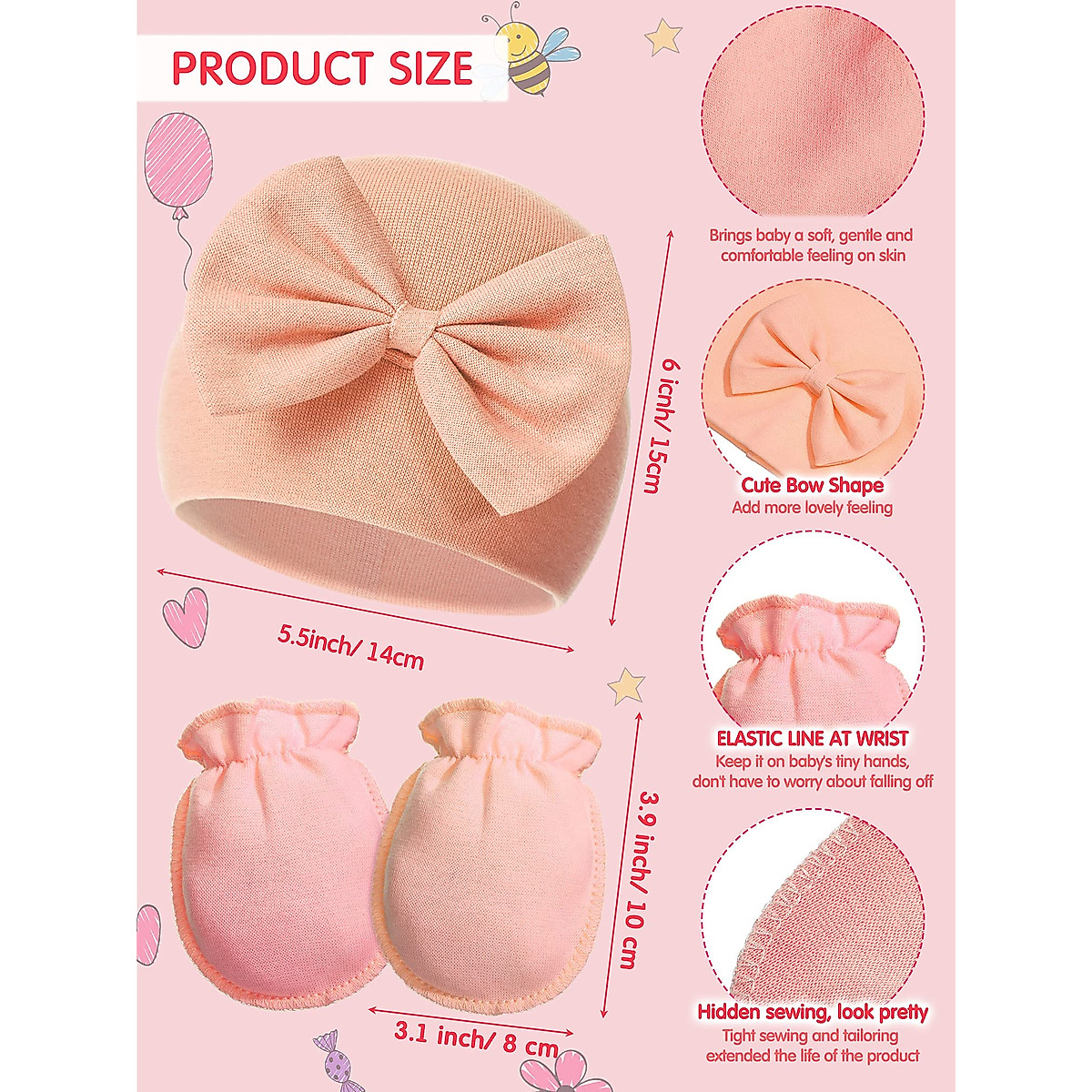 12 Pieces Newborn Baby Hats Mittens Set Bow Beanie Cap Cotton Glove for 0-6 Baby (Vivid Colors)