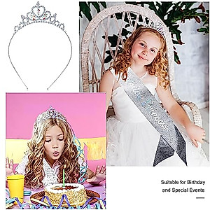 KICOSY Silver Birthday Crowns for Women Birthday Princess Sash & Crystal Tiara Set Princess Tiara for Girls Princess Crown Birthday Tiara Girls Crystal Headband Glitter Sash Kit for Birthday Party