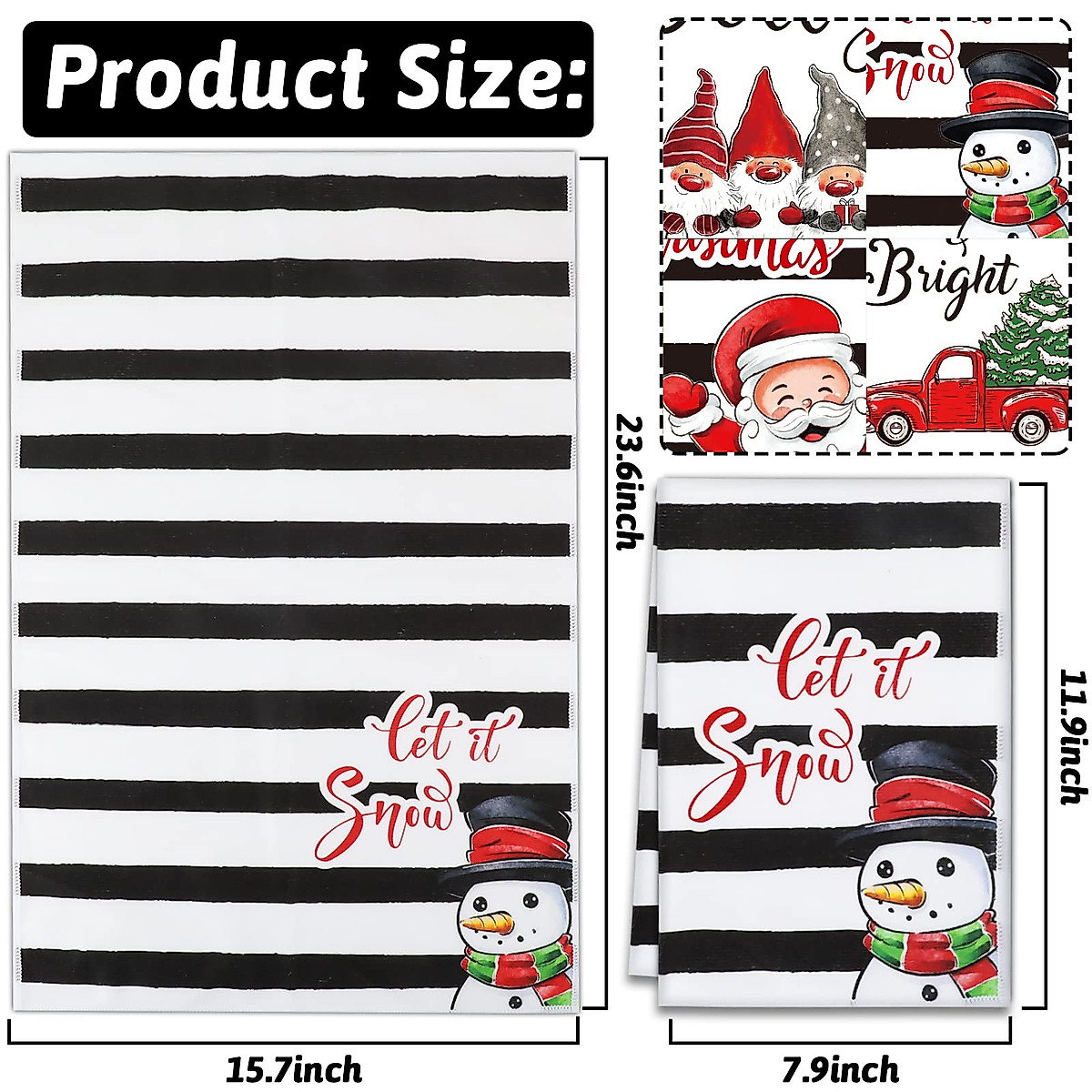 Christmas Kitchen Towels Black White Stripe Hand Towels Xmas Absorbent Dishcloths Winter Holiday Kitchen Decor Snowman Santa Dish Tea Towels Merry Bright Tea Towel for Home Kitchen Supplies 4PCS