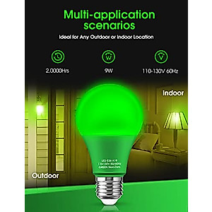 Woxeon 4 Pack A19 Green LED Light Bulbs, 9W Equivalent, Outdoor, Party, Christmas, Halloween, Home, Holiday Lighting