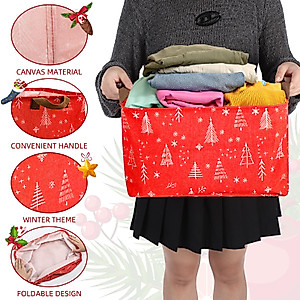 Layhit 3 Pcs Christmas Storage Bins Large Foldable Christmas Basket with Handles Xmas Tree Santa Snowflake Storage Boxes Fabric Collapsible Red Storage Basket for Cloth Toy Book Storage