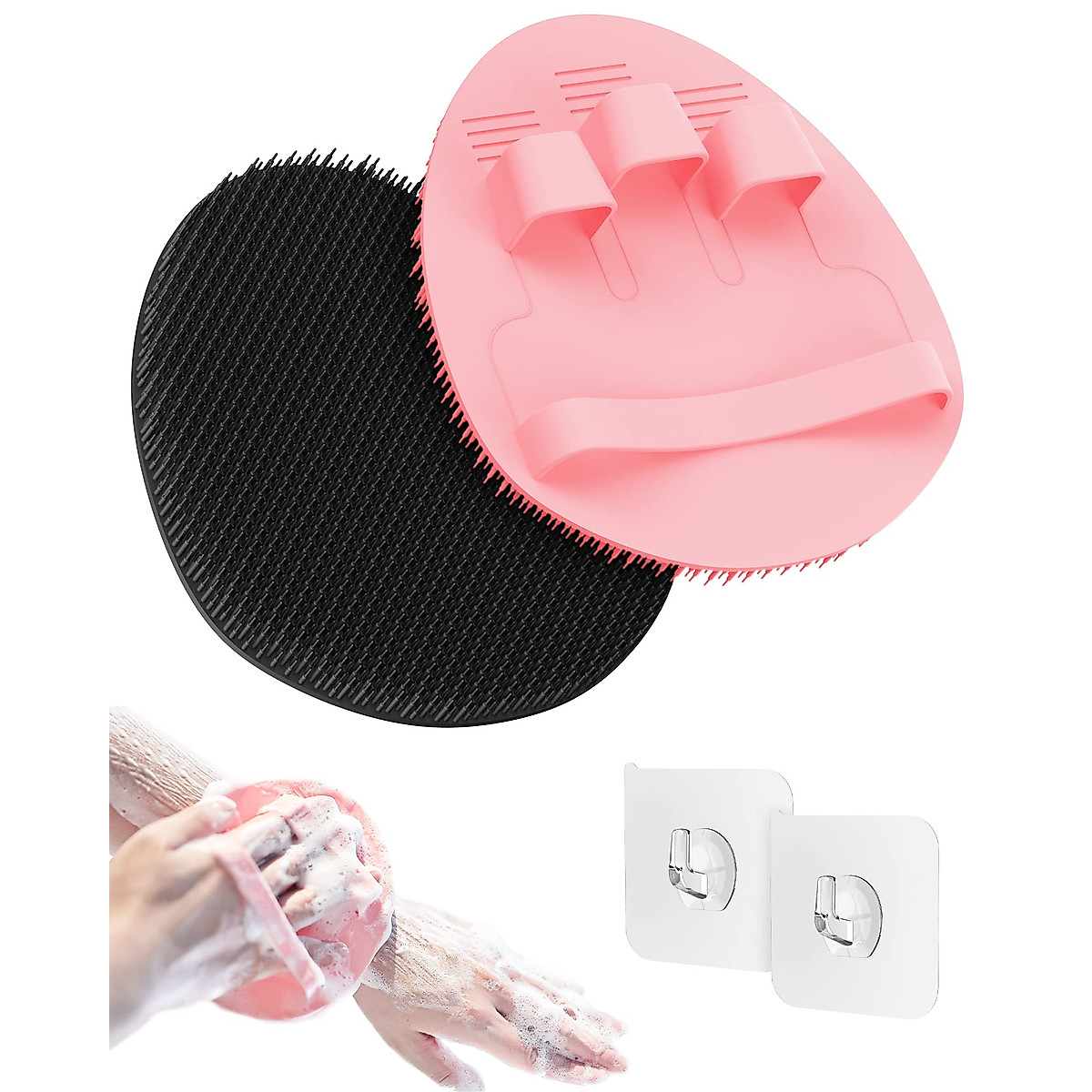 Manmihealth Soft Silicone Shower Brush, Super-Lathering and Deep-Cleaning Body & Face Scrubber, Gentle Exfoliating Bath Glove for All Skin Types, with 2 Free Hooks.(Black + Pink)