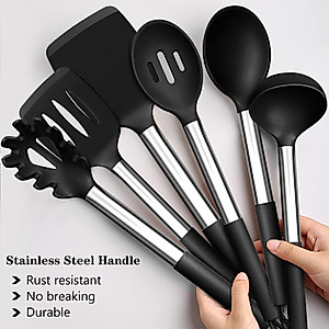 LIANYU Kitchen Cooking Utensils Set, 35-Piece Silicone Cooking Utensils Spatula Set with Holder, Non-stick Heat Resistant Cookware with Stainless Steel Handle, Black