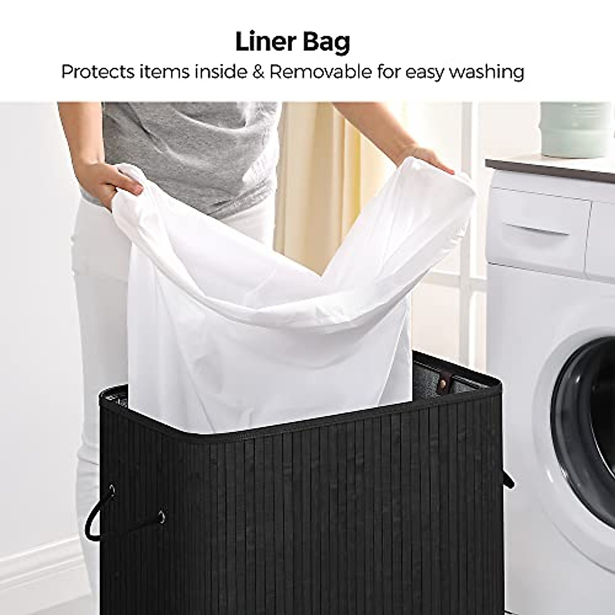 SONGMICS Laundry Hamper with Lid, Bamboo Laundry Basket with Handles, Foldable Storage Basket for Laundry Room, Bedroom, 100L, Black ULCB63H