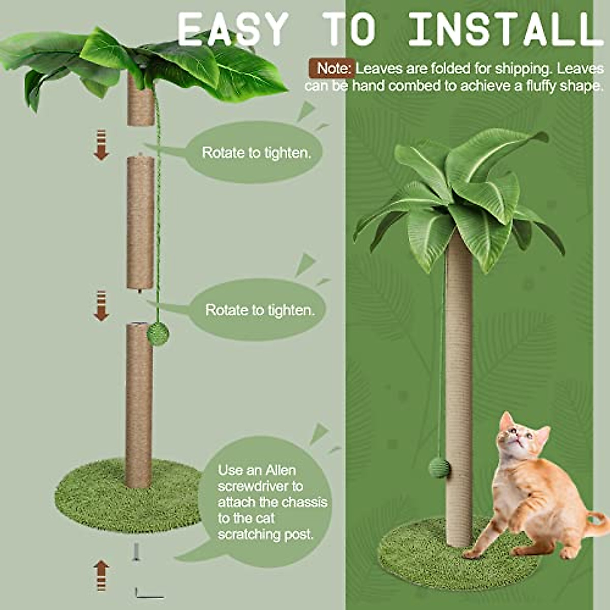 Kphico Cat Scratching Post for Indoor Cats,33.5" Tall Large Cat Scratching Post with Natural Sisal Rope,Kitten Scratcher with Simulated Leaves & Hanging Ball,Send 1 Cat Teasing Stick and 2 Catnip