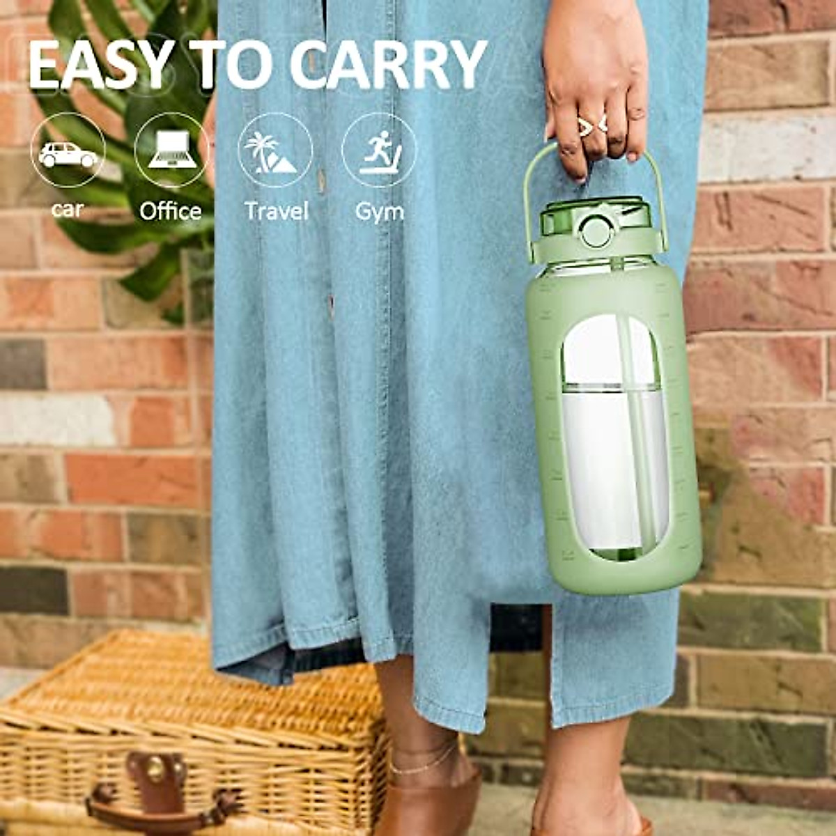 64oz Glass Water Bottles with Straw Time Marker Half Gallon Large Motivational Water Bottle with Silicone Sleeve 2L Big Glass Water Jug Bottle for Gym, Sports, Workout, Daily Green