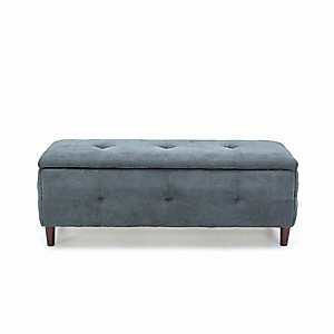 Panana Rectangle Tufted Lift Top Storage Ottoman Bench, Footstool with Solid Wood Legs Upholstered Storage Bench, Gray Linen Fabric