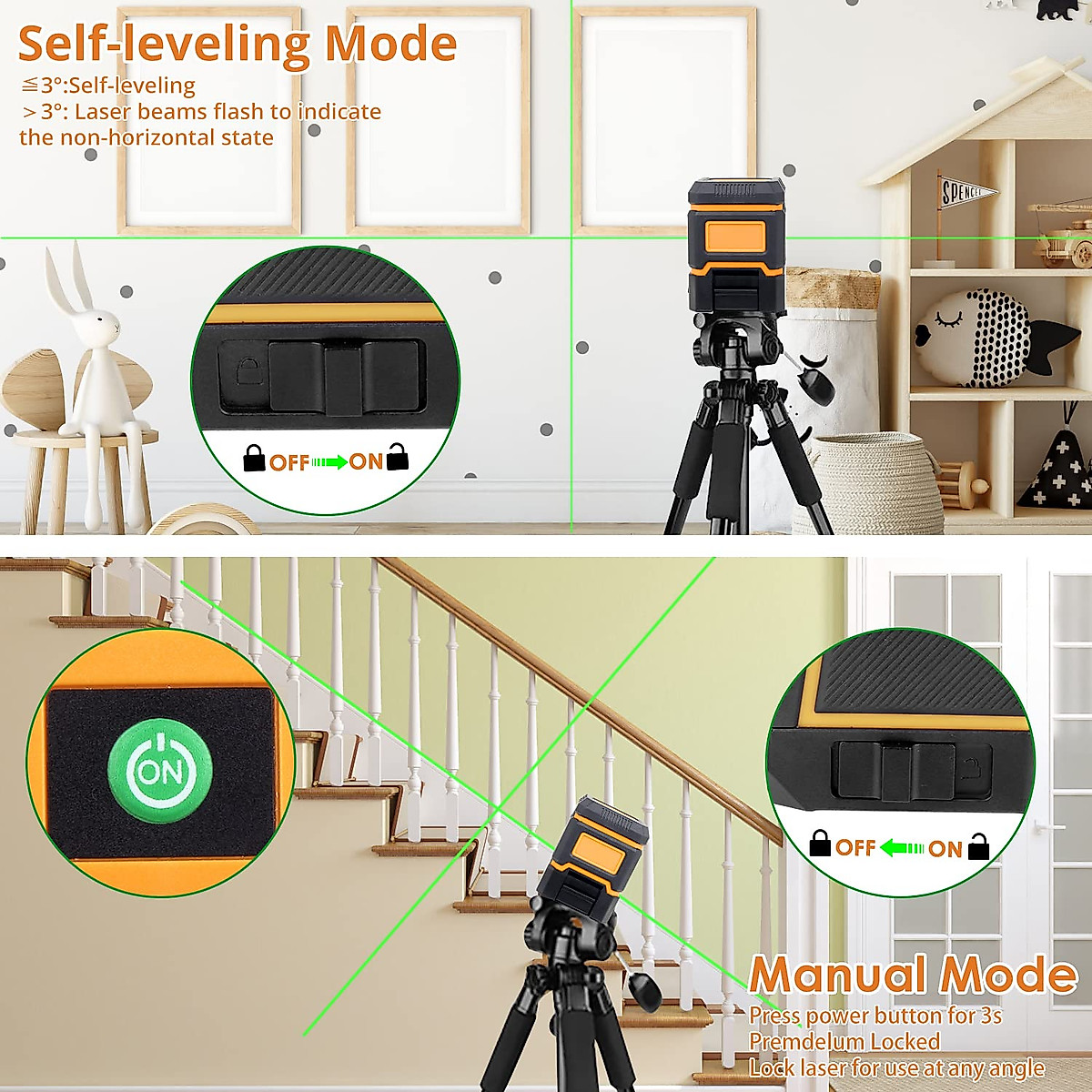 Line Laser Leveler Tool, Semlos Green Self Leveling Laser Level With Cross Line Laser Leveler and Magnetic Bracket For Outdoor Indoor Picture Hanging Wall Tile