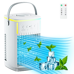 Portable Air Conditioners Fan,1500ML Evaporative Air Cooler Dual nozzle Mini Air Conditioner with Remote, 3 Wind Speed & 7 LED Light, Mobile personal Cooling fan for Room/Office-white
