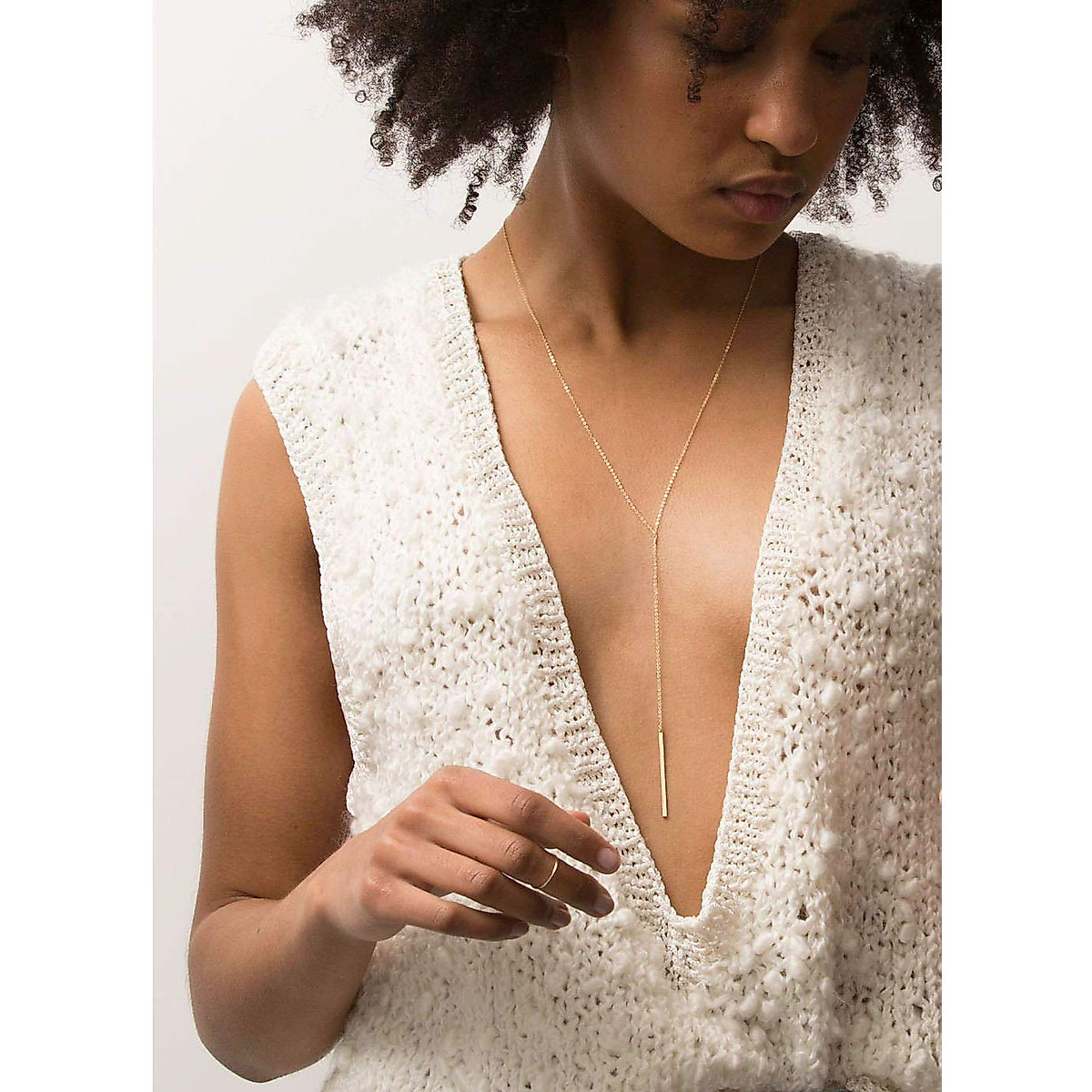 Aobei Pearl 18K Gold Vertical Bar Necklace Long Lariat Y-shaped Chain Dainty Minimalist Jewelry for Women