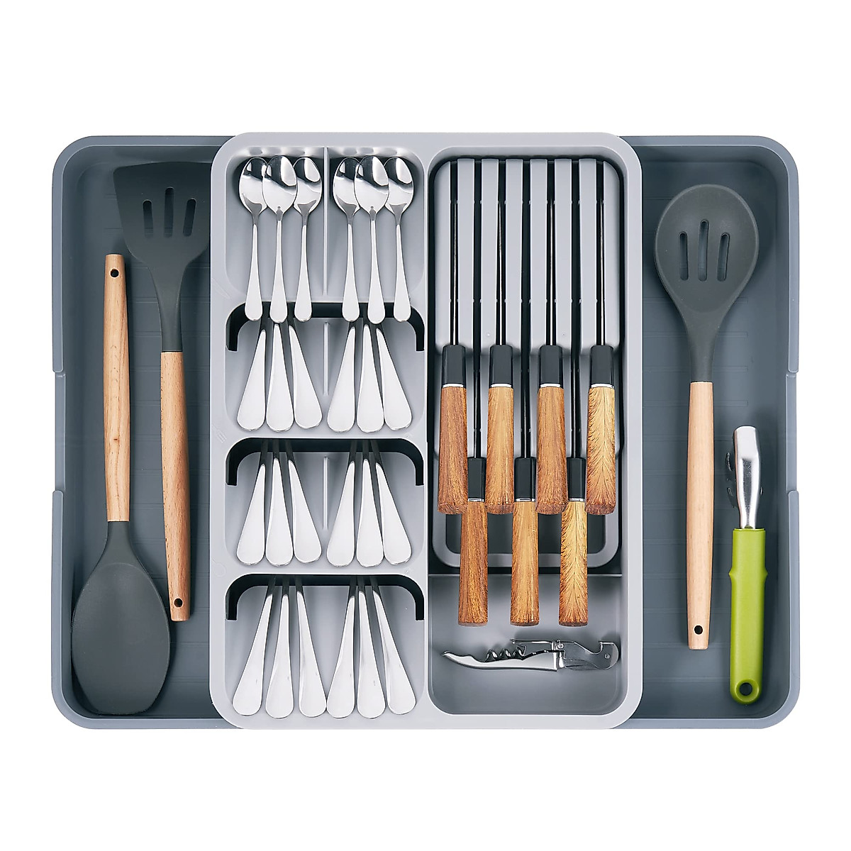 SOMIER Kitchen Utensil Drawer Organizer, Removable 2-Tier Knife Holder, Expandable Cutlery Tray for Silverware, Flatware and Utensils, Large Kitchen Drawer Dividers for Spoons, Forks, Knives, Gray
