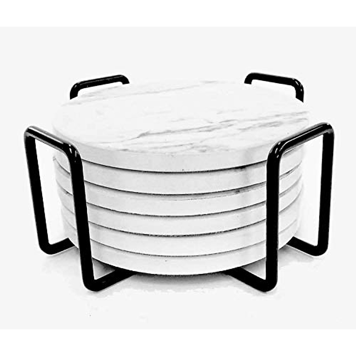 Coasters for Drinks, 6 Ceramic Marble Print Stone Coasters with Premium Black Holder (Off White)