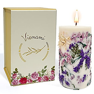 Vionami Aloha Kiwi Passionfruit Scented Pillar Candle with Dried Flowers - Long Burning Natural Soy Wax Scented Candle for Home - Gift-Boxed Hand Poured Luxury Candle with Paper Core Wick (Forget Me)
