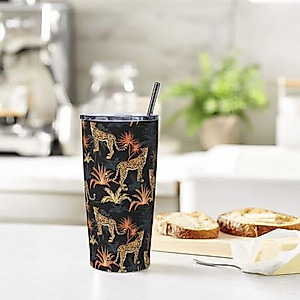Yaxongx 20oz Tumbler Leopard Palm Tree Double Wall Vacuum Insulated Coffee Mug with Lid and Metal Straw Brush Reusable Stainless Steel Water Bottle Travel Cup Gifts for Car Ice Drinks Hot Beverage