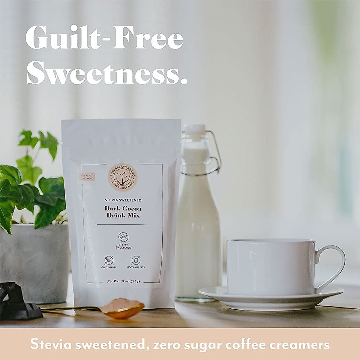 5 SPARROWS Sugar-Free Dark Chocolate Flavored Drink Mix- Stevia, Keto Friendly, - No Sugar Coffee Creamer, 10oz
