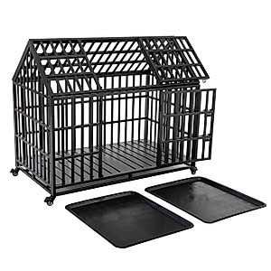 Afqxf Large Dog Crate Cage, 47'' Heavy Duty Galvanized Iron Dogs Cage Kennels Crates Furniture with Front Door, Top Door and 4 Lockable Wheels, Perfect for Patio, Home, Backyard, Black
