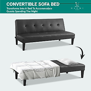 Naomi Home Button Tufted Futon Sofa Bed, Faux Leather Futon Couch, Modern Convertible Folding Sofa Bed Couch with Wooden Legs, Reclining Small Couch Bed, Futon Bed for Living Room, Dorm Black