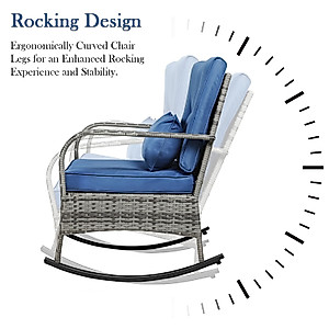 FUNKOCO 3 Pieces Patio PE Rattan Conversation Chair Set, Outdoor Furniture Rocking Chair Set with Water-Proof Cushion&Coffee Table for Garden,Backyard and Porch (Dark Blue)