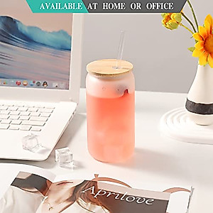 8 Pack Sublimation Glass Cans Frosted Sublimation Beer Can Glass with Bamboo Lids Borosilicate Glasses Tumbler Mason Jar Cups Mug with Plastic Straw for Beer, Juice, Soda, Iced Coffee, Drinks 18oz