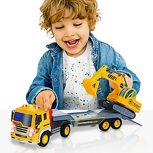 TOYTHRILL Tow Truck with Excavator Toy for Boys 2+ Year Old, Construction Truck Toy with Excavator, Semi Truck with Lights and Sounds, Flatbed Truck Toy Push and Go Construction Vehicle for Kids