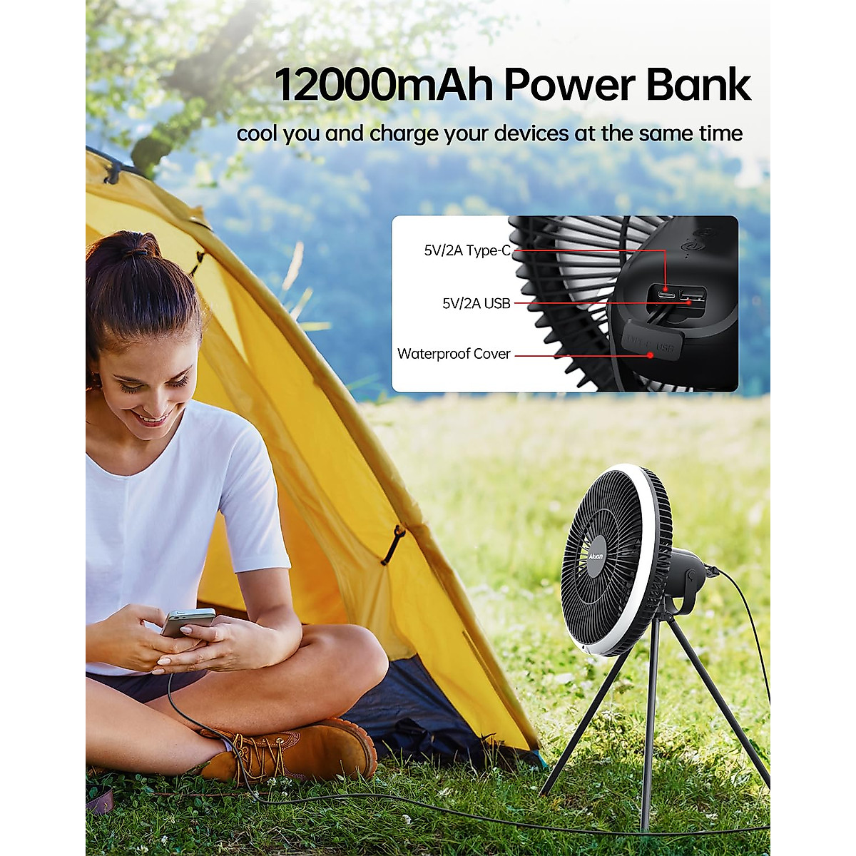 Aluan 11'' Camping Fan Outdoor Fan for Patios 12000mAh Battery Operated Tent Fan with LED Lantern, Power Bank, Remote Control, Quiet Rechargeable Portable Fan for Camping, Travel, Outdoor