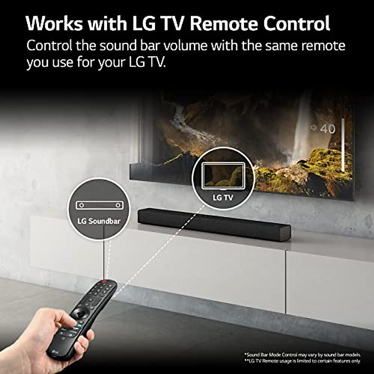 LG Sound Bar and Wireless Subwoofer S40Q - 2.1 Channel, 300 Watts Output, Home Theater Audio Black