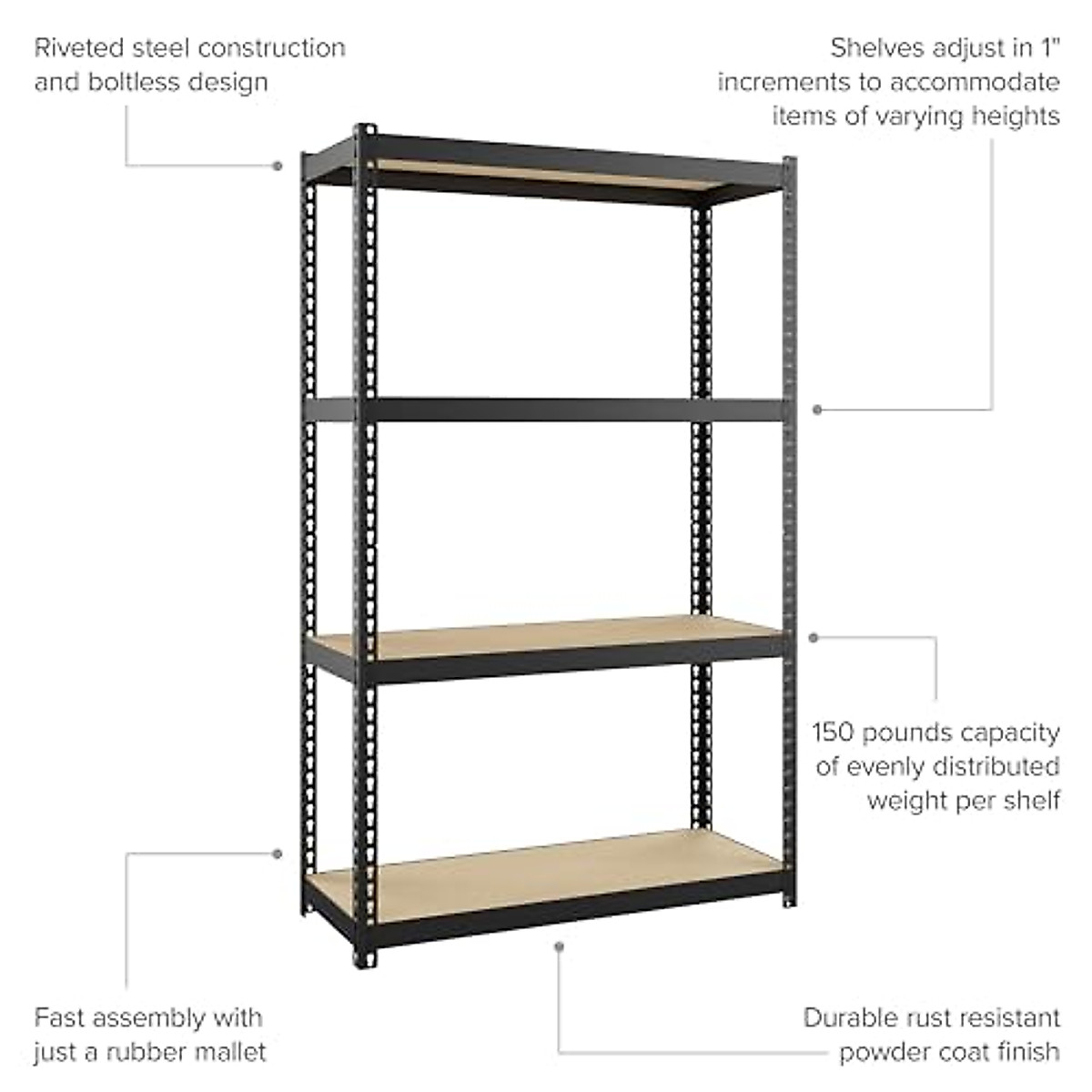 Space Solutions 1000 Riveted Steel Shelving 4-Shelf Unit, 12D x 30W x 48H, Black