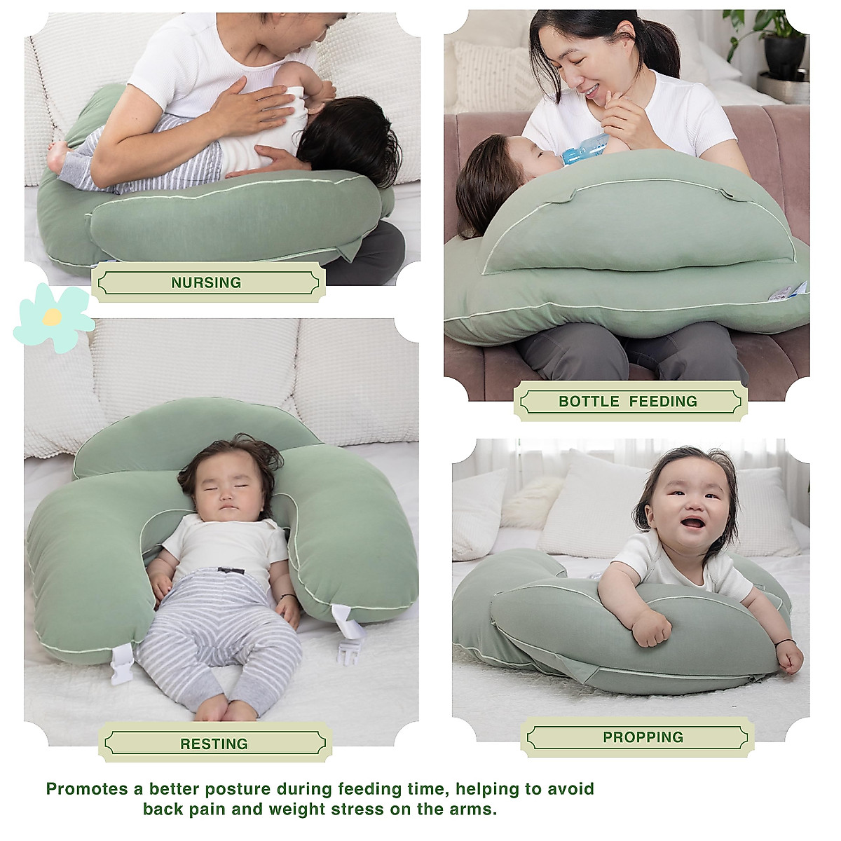 Pharmedoc Nursing Pillow for Breastfeeding - Breast Feeding Pillows with Safety Bumper and Adjustable Waist Straps - Removable Cover, Sage - Baby Essentials for Newborn - Full Support for Mom and Baby
