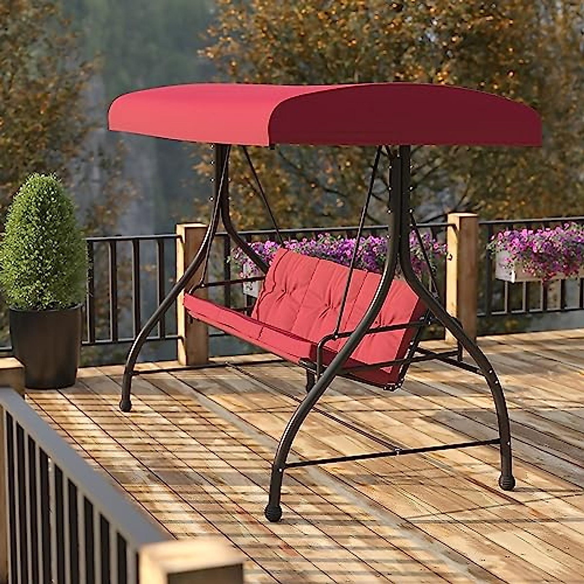 Flash Furniture Tellis 3-Seat Outdoor Steel Converting Patio Swing Canopy Hammock with Cushions / Outdoor Swing Bed (Maroon)
