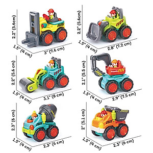 6 Pieces Construction Vehicles Toy Trucks Set - Bulldozer, Cement Mixer, Dumper, Forklift, Excavator and Road Roller for Your Little Contractor - Push and Go Sliding Toys for Toddlers 18m+
