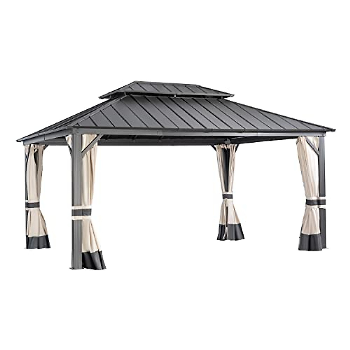 12x16 Outdoor Patio Hardtop Gazebo with Spliced Structure for Easy Assembly,Galvanized Steel Metal Double Roof Aluminum Permanent Frame with Netting and Curtains for Backyard Garden